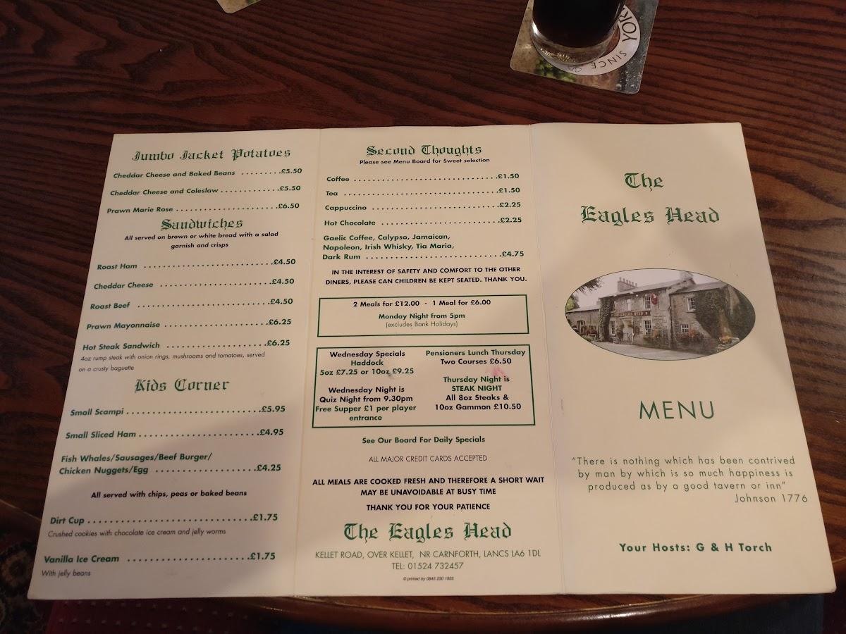Menu at Eagles Head pub & bar, Over Kellet