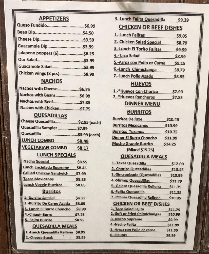 Menu at EL TORITO MEXICAN RESTAURANT, Shamokin Dam