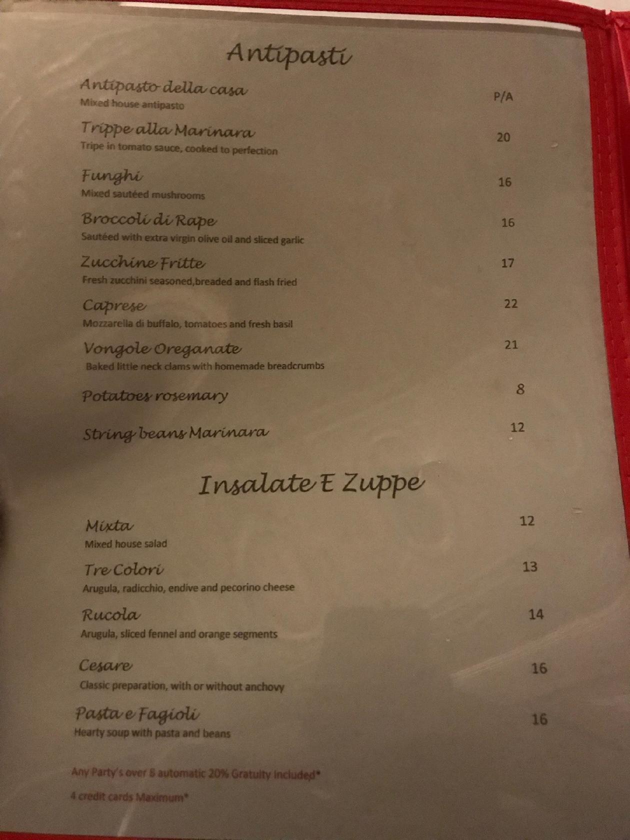 Menu at Emilio's Ballato restaurant, New York City