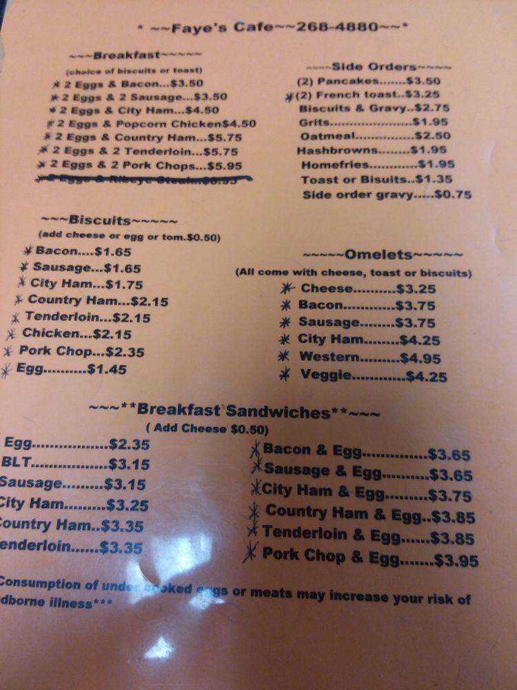 Menu at Fayes Cafe, Gainesboro