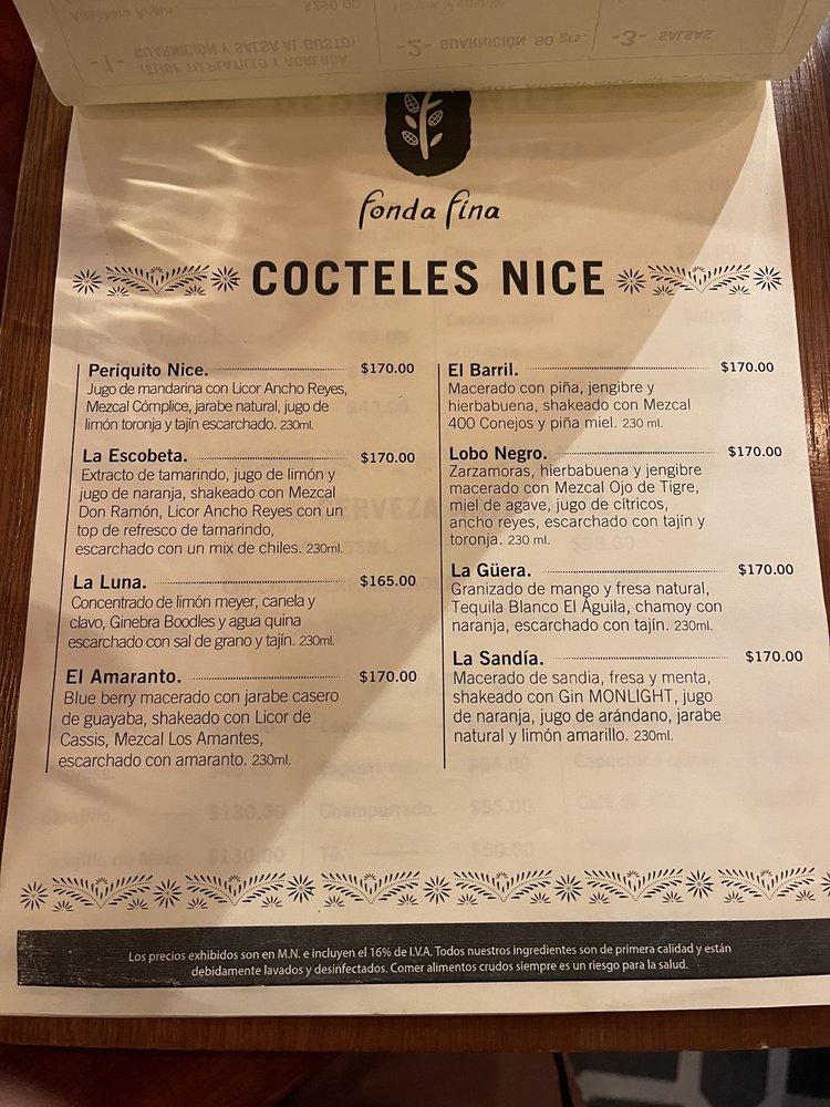 Menu at Fonda Fina restaurant, Ciudad López Mateos