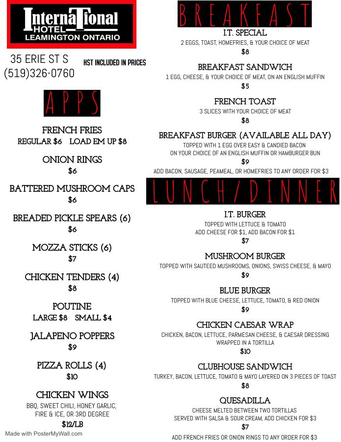 Menu at International Hotel pub & bar, Leamington