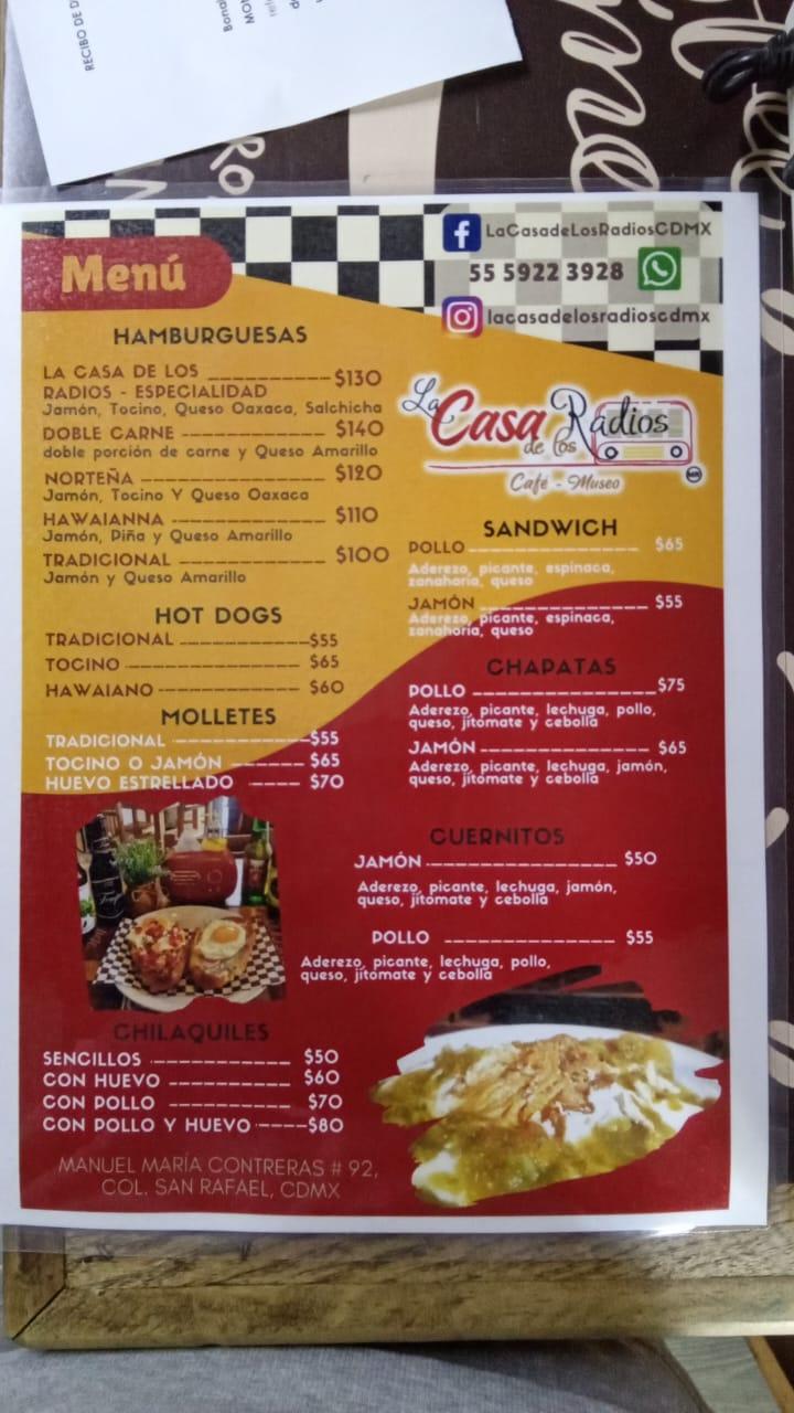 Menu at La Casa de Los Radios CDMX cafeteria, Mexico City