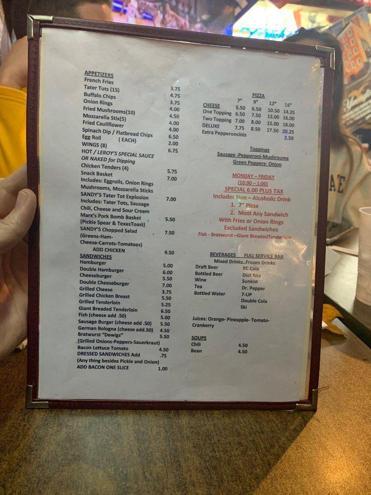 Menu at Leroy's Tavern pub & bar, Evansville