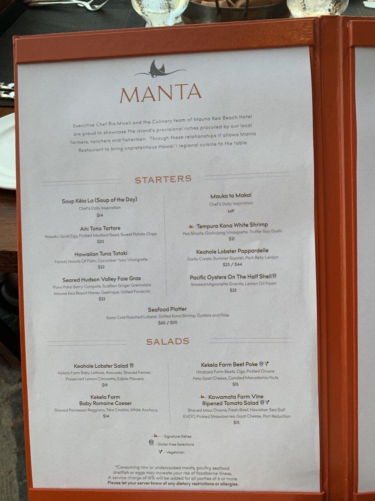 Menu at Manta Restaurant, Puako, Mauna Kea Beach Hotel