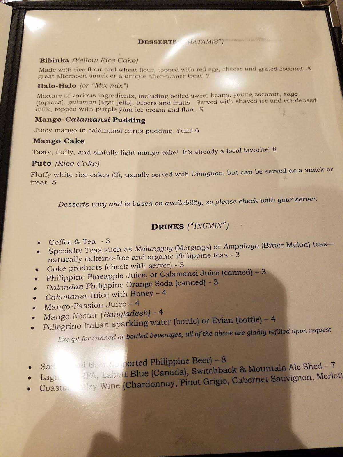 Menu at Pica-Pica Filipino Cuisine restaurant, Saint Johnsbury