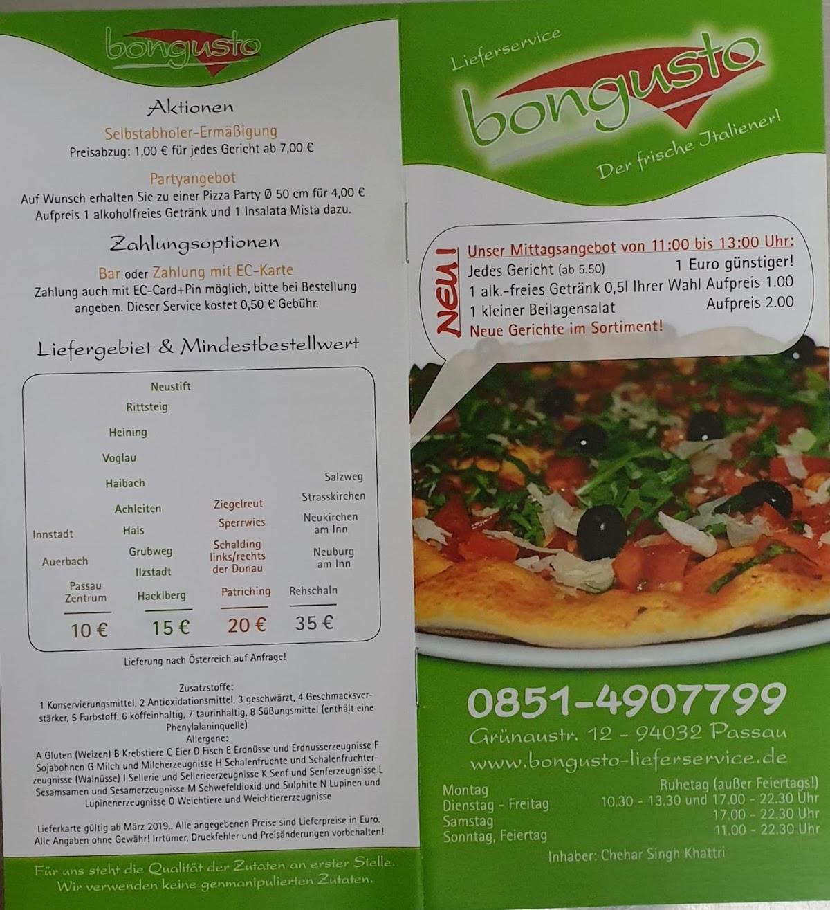 Speisekarte von bongusto Lieferservice pizza, Passau
