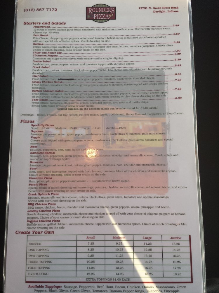 Menu at Rounders Too pizzeria, Evansville