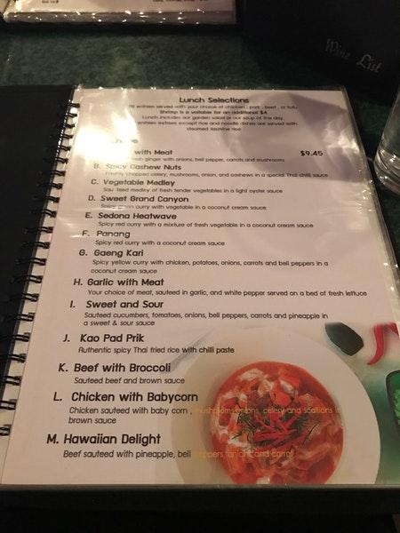 Menu at Tara Thai Restaurant, Sedona