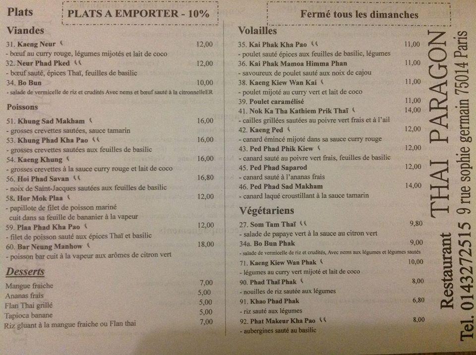 Carta del restaurante Thaï Paragon, Paris