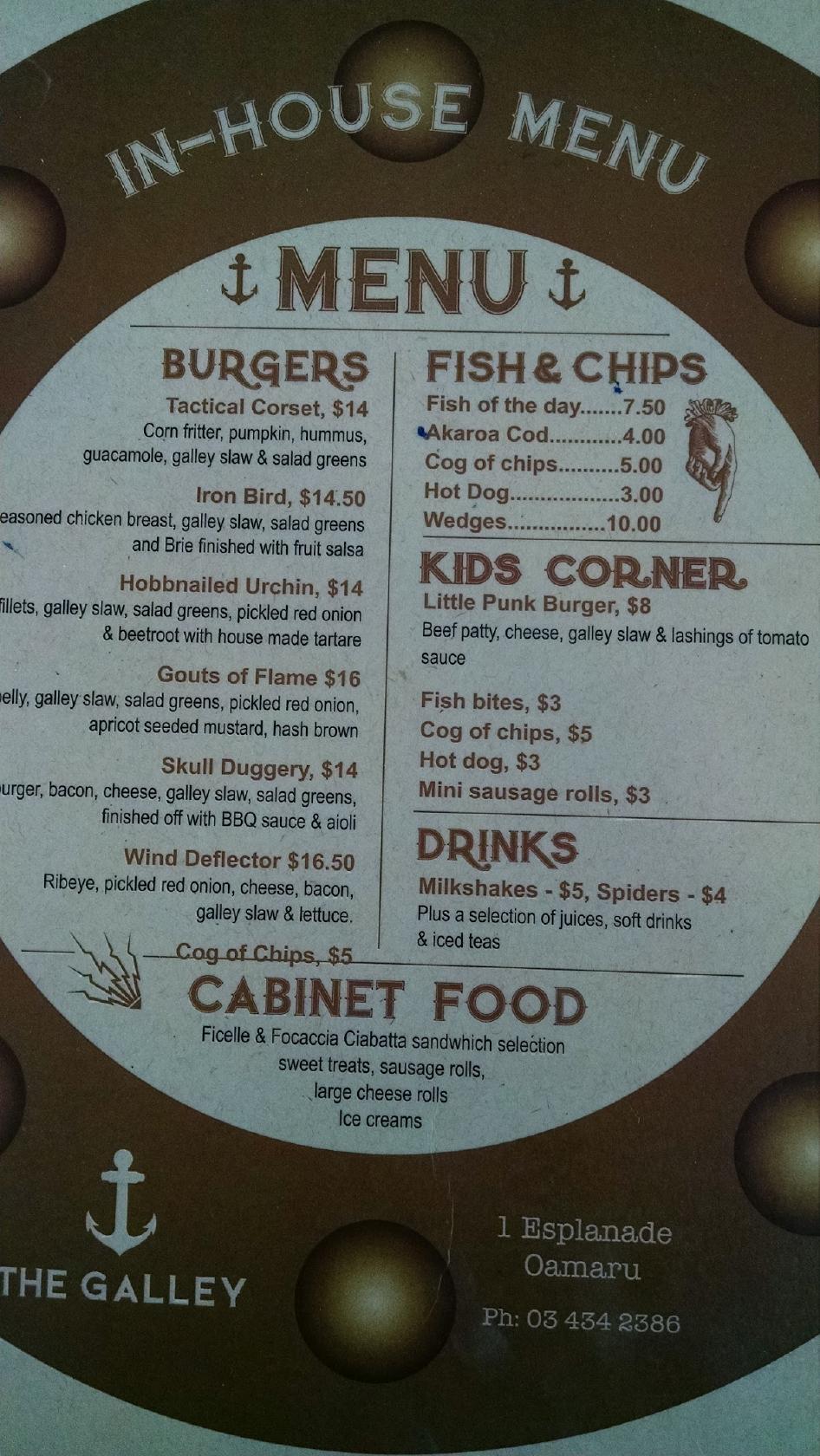 Menu at The Galley cafe, Oamaru
