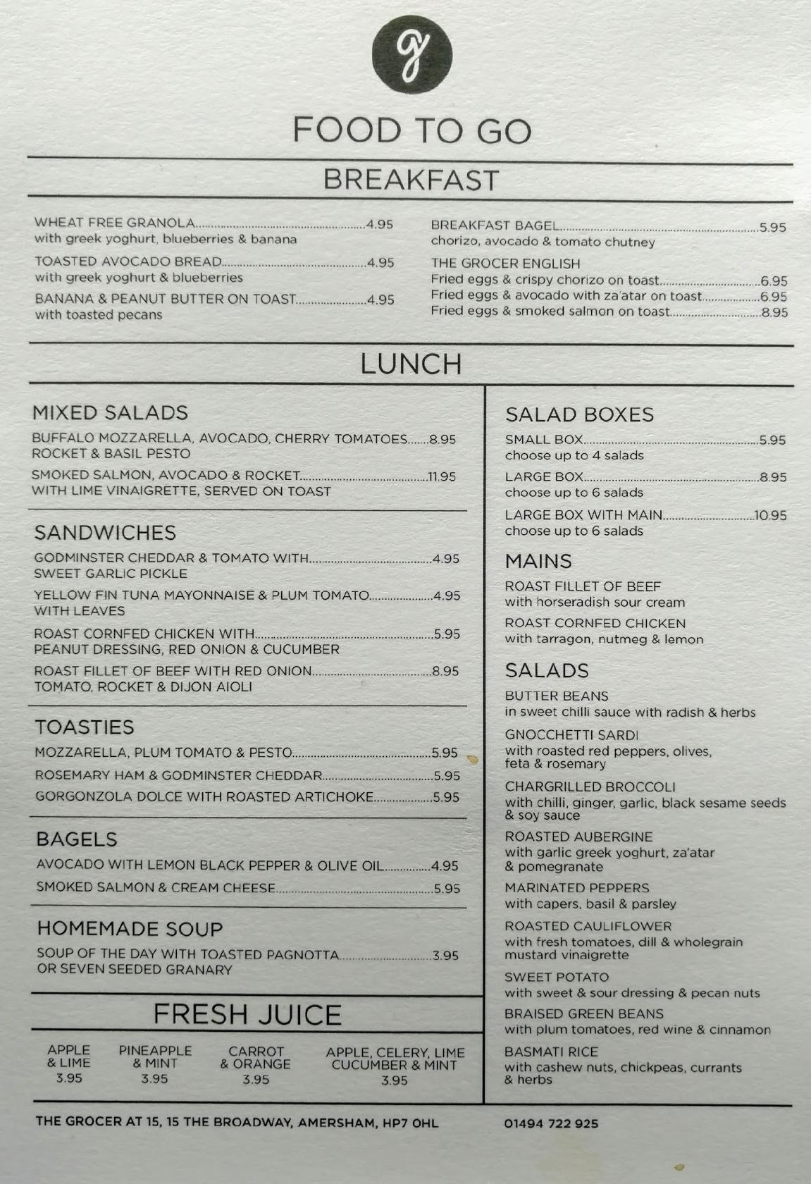 Menu at The Grocer at 15 cafe, Amersham