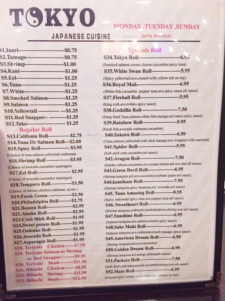 Menu at Tokyo Japanese Cuisine restaurant, Wichita