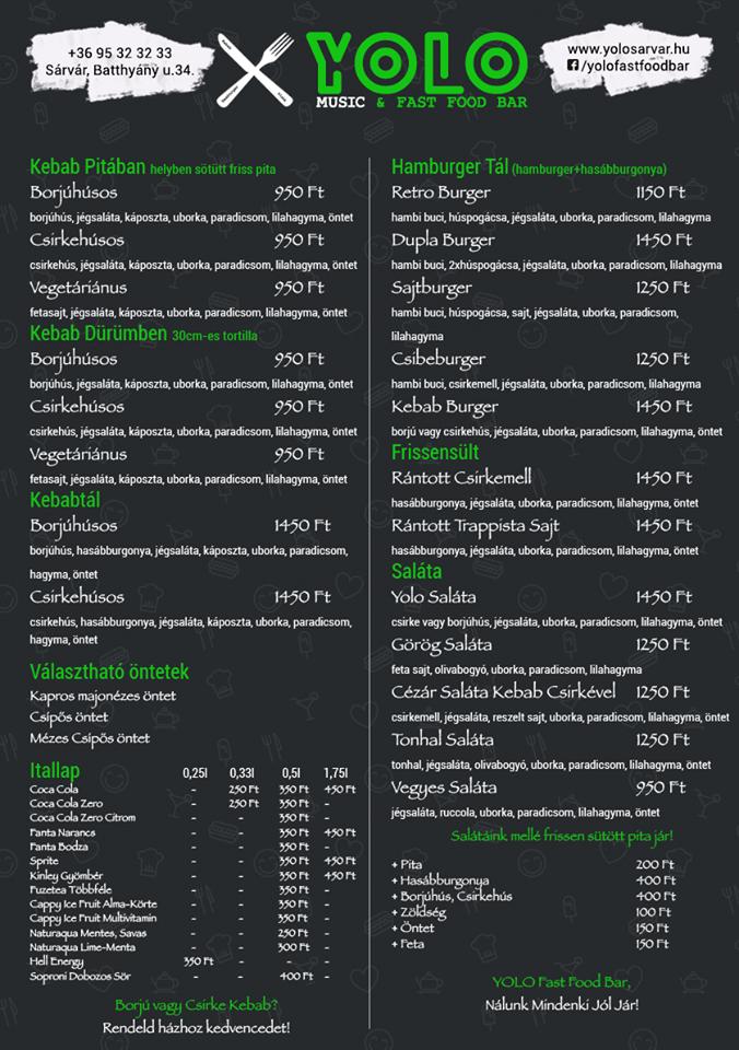 Menu at YOLO Street Food restaurant, Hungary