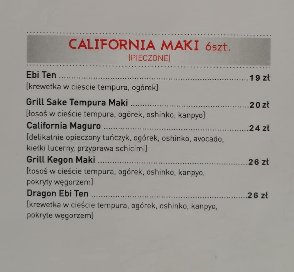 Menu at Yakuza Sushi restaurant, Warsaw, Łojewska 11