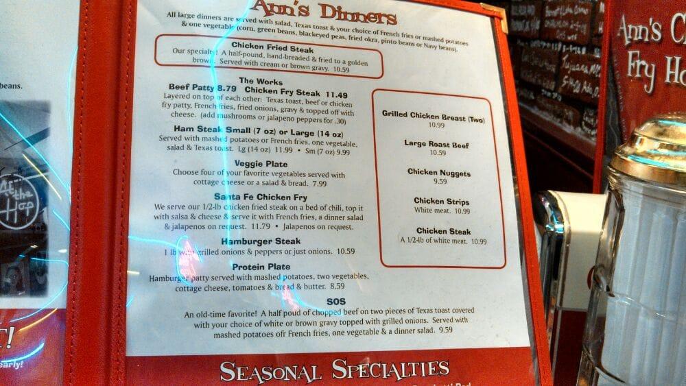 Menu at Ann's Chicken Fry House & Gift Shop restaurant, Oklahoma City