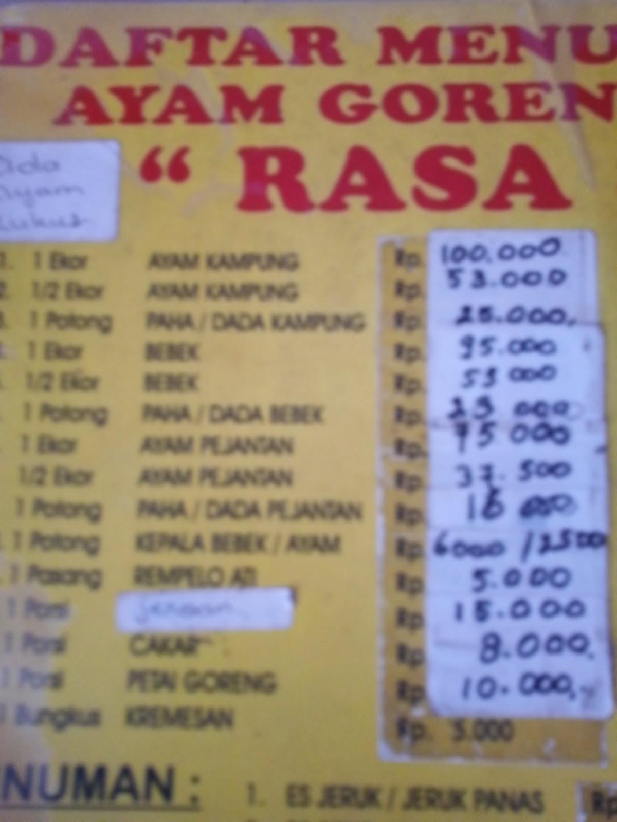 Menu at Ayam Kalasan RASA SAMA restaurant, Semarang, Jl. Mayjend Sutoyo ...