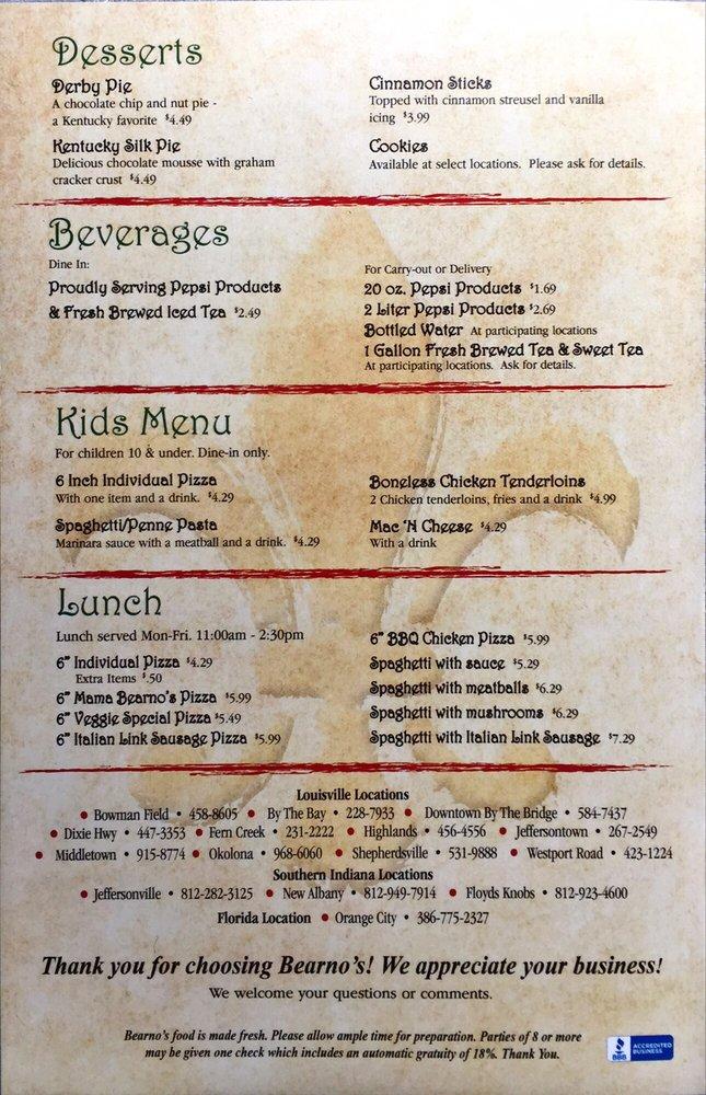 Menu at Bearno's Pizza of Middletown restaurant, Louisville, English ...