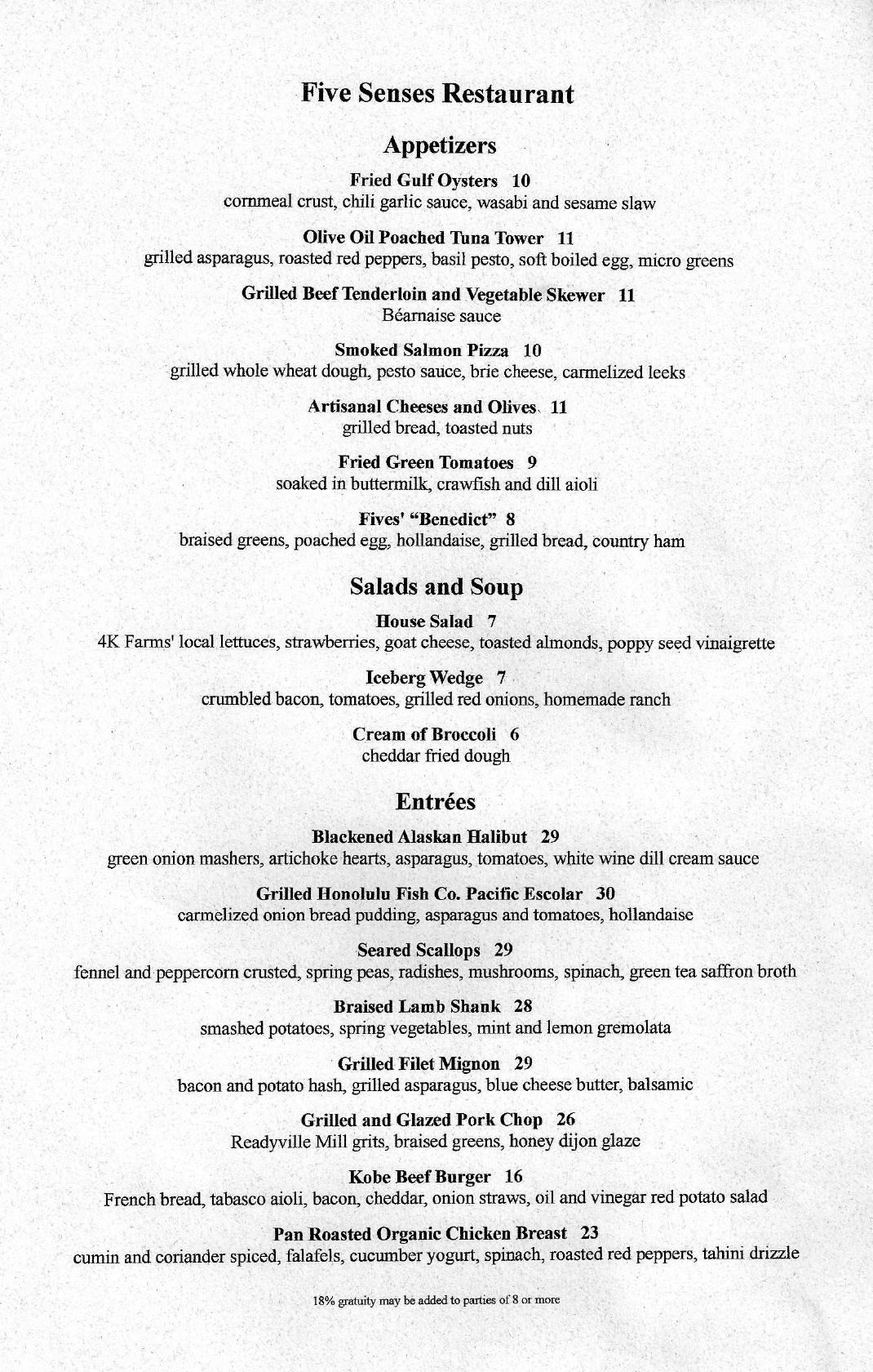 Menu at Five Senses Restaurant, Bar & Catering, Murfreesboro
