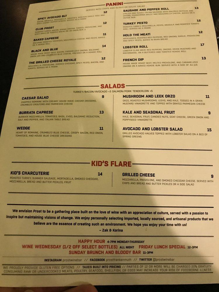 Menu at Prost Wine Bar & Charcuterie, Frankenmuth