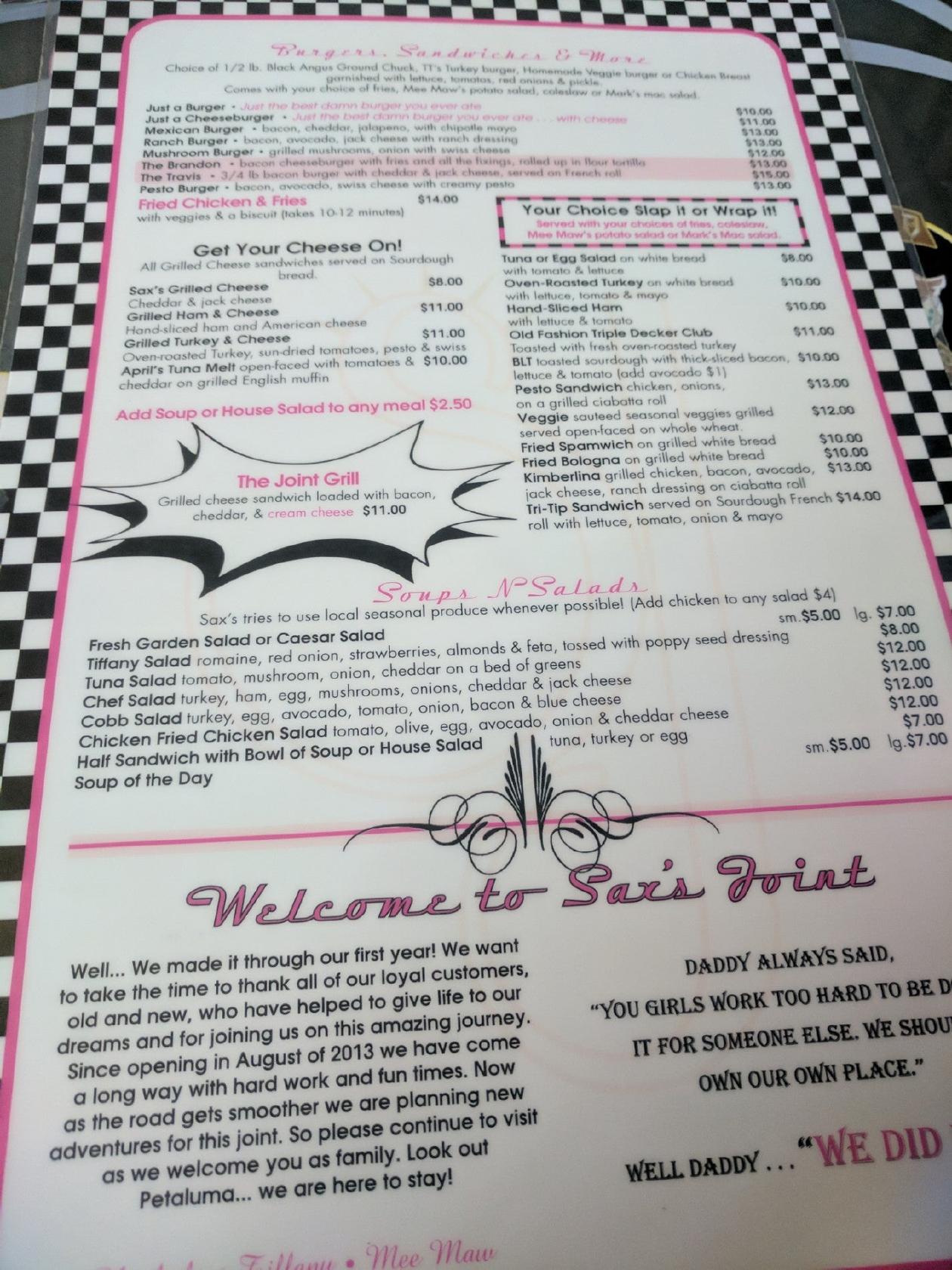 Menu at Sax's Joint restaurant, Petaluma
