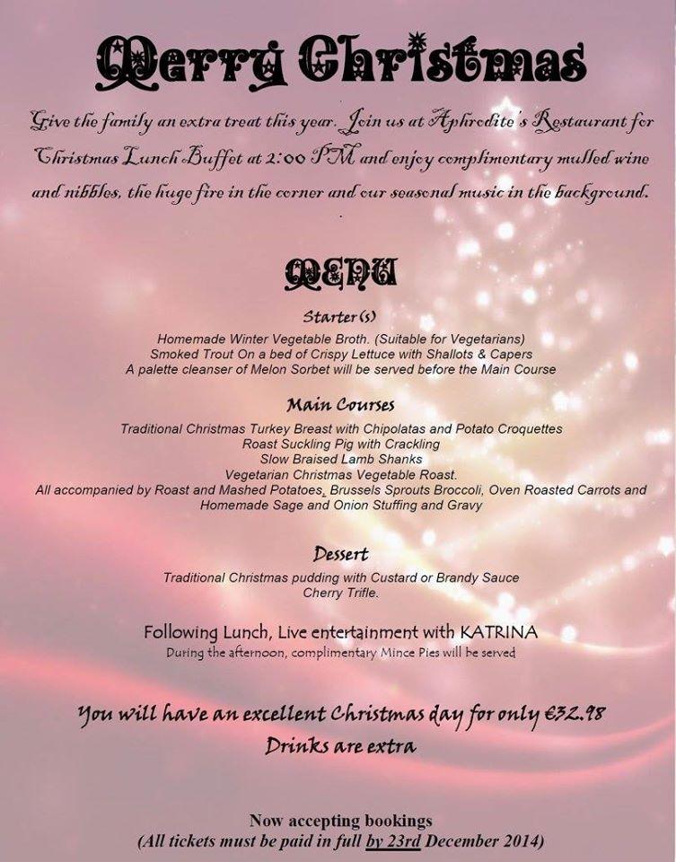 Menu at Aphrodite Restaurant and Bar, Cyprus