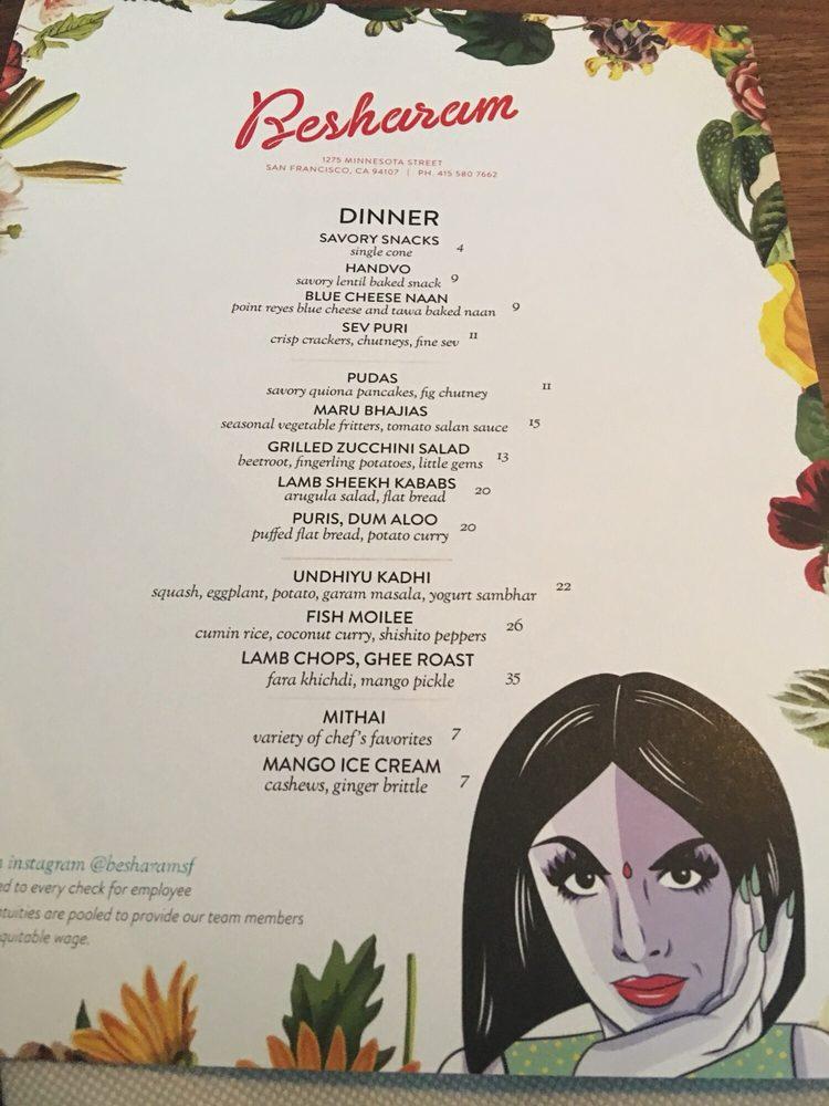 Menu at Besharam restaurant, San Francisco