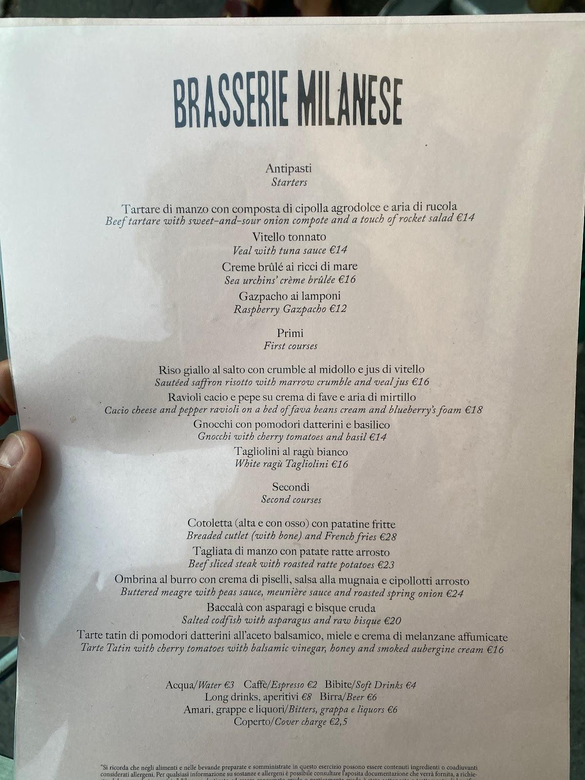 Menu da Brasserie Milanese ristorante, Milano