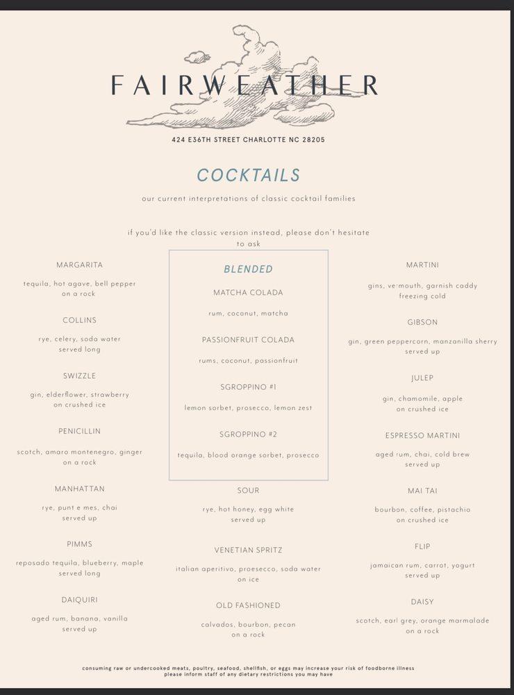 Menu at Fairweather pub & bar, Charlotte