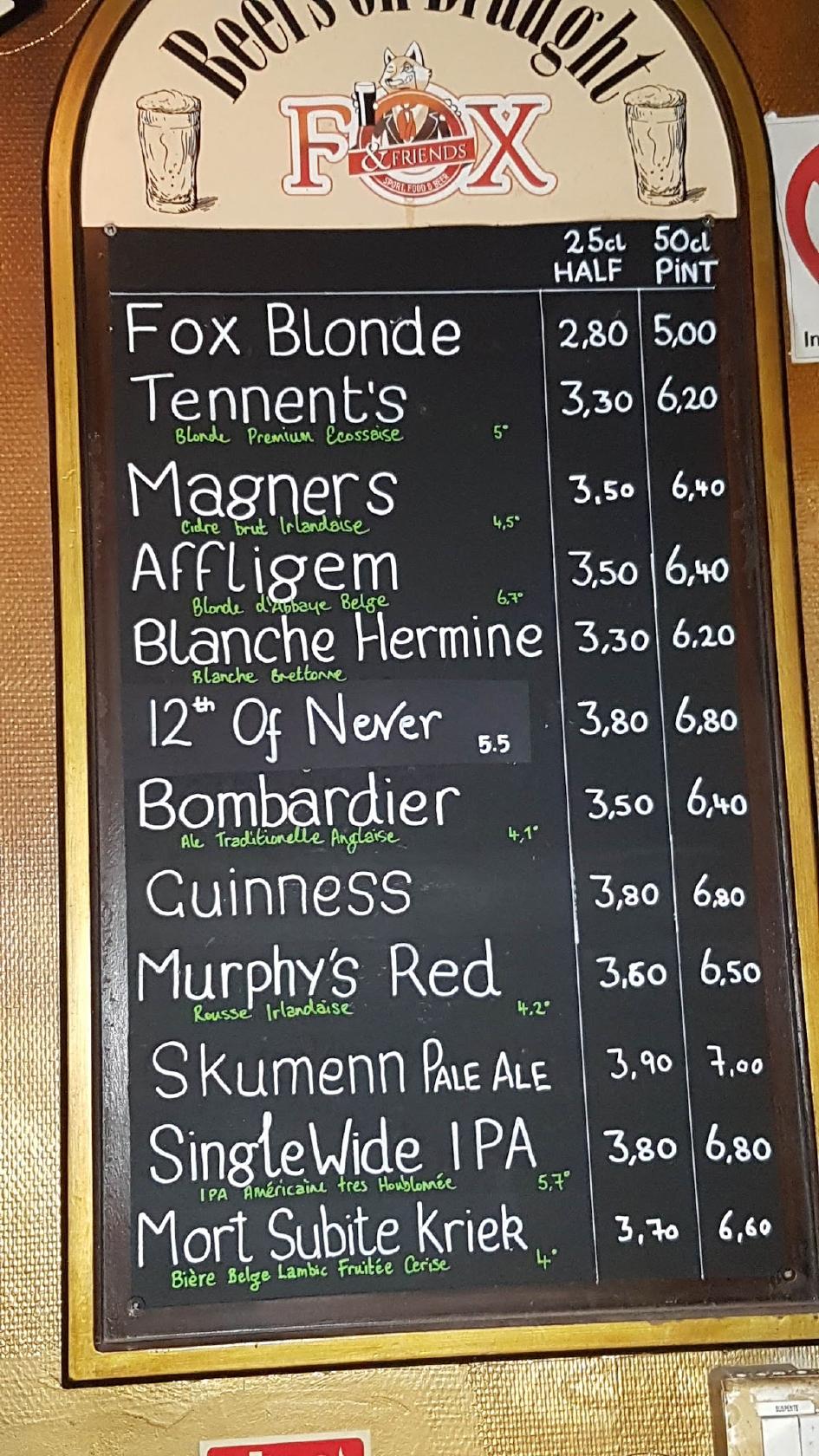 Menu au Fox and Friends Pub, Rennes