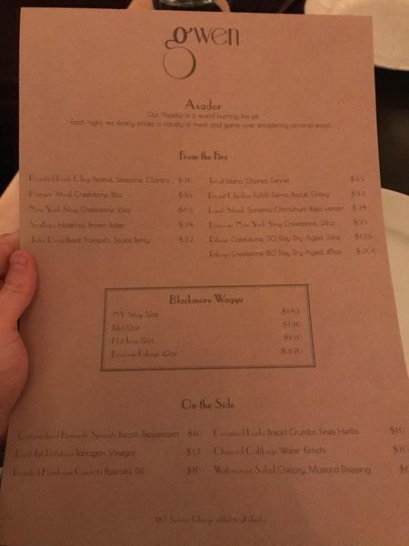 Carta del restaurante Gwen, Los Angeles, Sunset Blvd