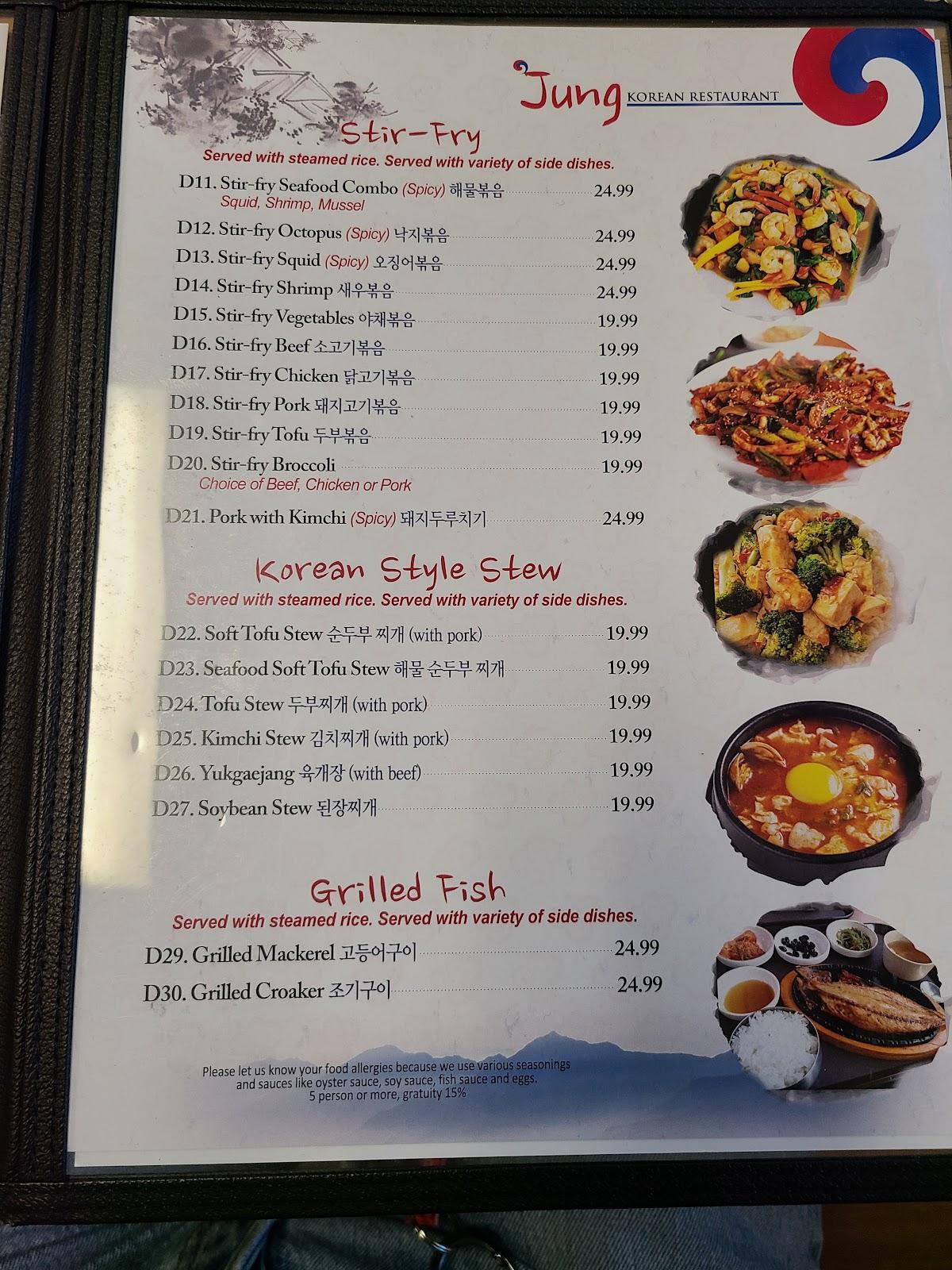 Menu at Jung's Korean Restaurant, Fairbanks
