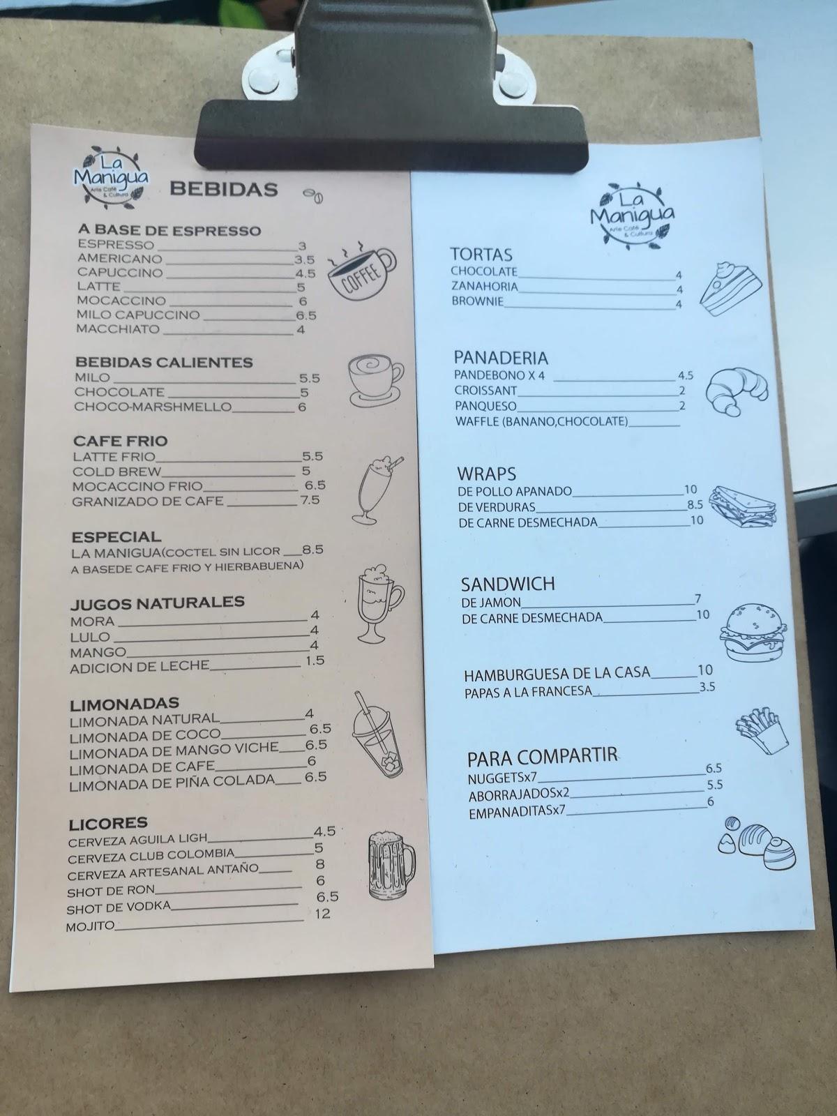 Menu at La manigua arte, café y cultura, Cali
