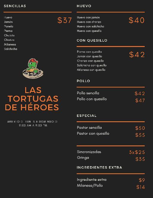 Menu at Las Tortugas de los Héroes restaurant, Coacalco