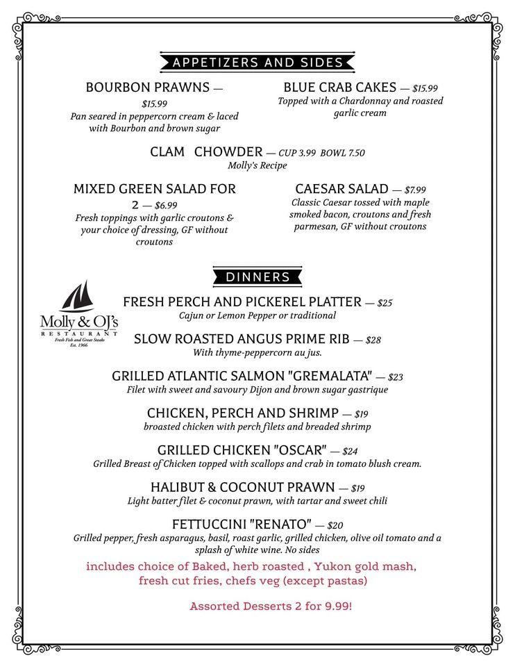 Menu at Molly & OJ's Restaurant, Erieau