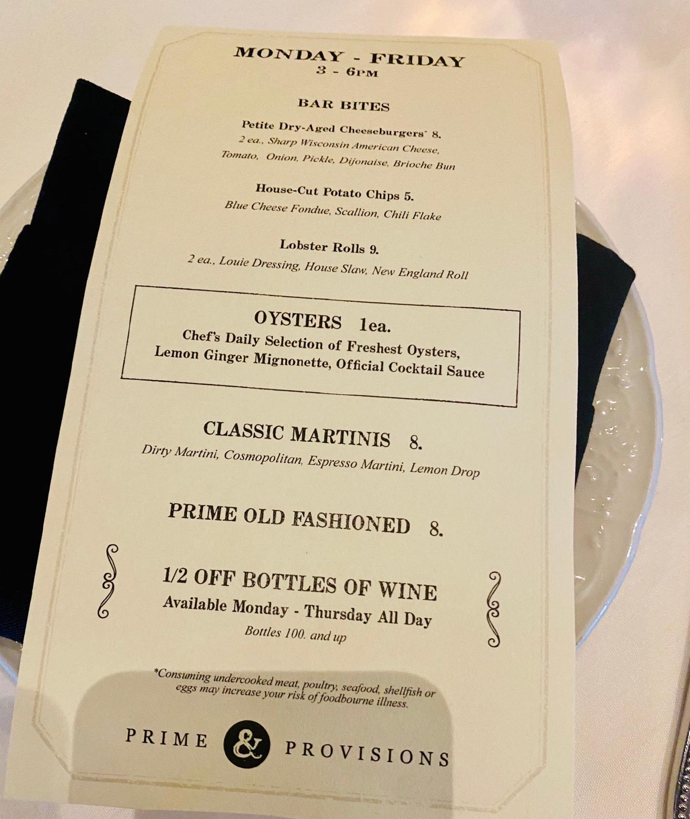 Menu at Prime & Provisions Steakhouse, Chicago