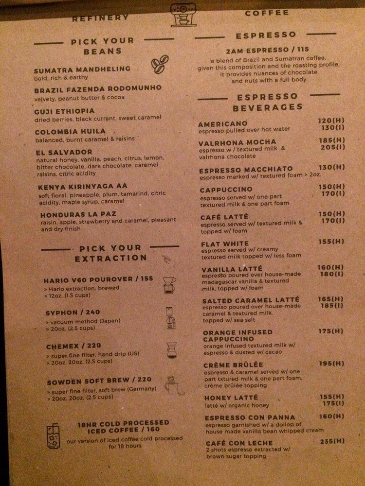 Menu at Refinery cafe, Makati, Joya Tower