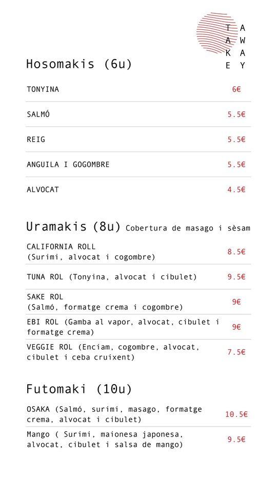 Menu at Ryokan Sushi Talarn restaurant, Talarn