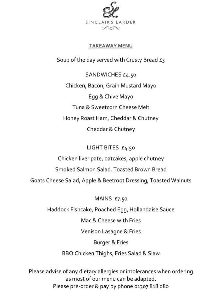 Menu at Sinclair's Larder cafe, Edzell