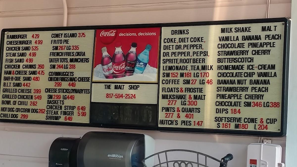 Menu at The Malt Shop fast food, Weatherford