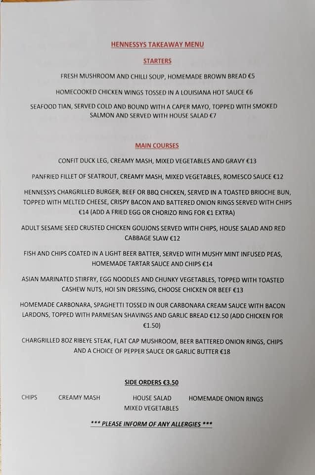 Menu at Hennessy's restaurant, Ferbane