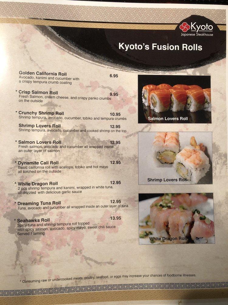 Menu at Kyoto Japanese Steakhouse, Bellingham