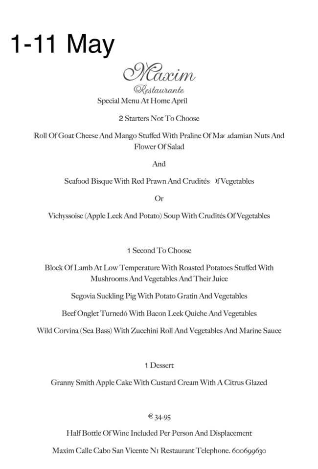 Menu at Maxim Restaurante, Moraira