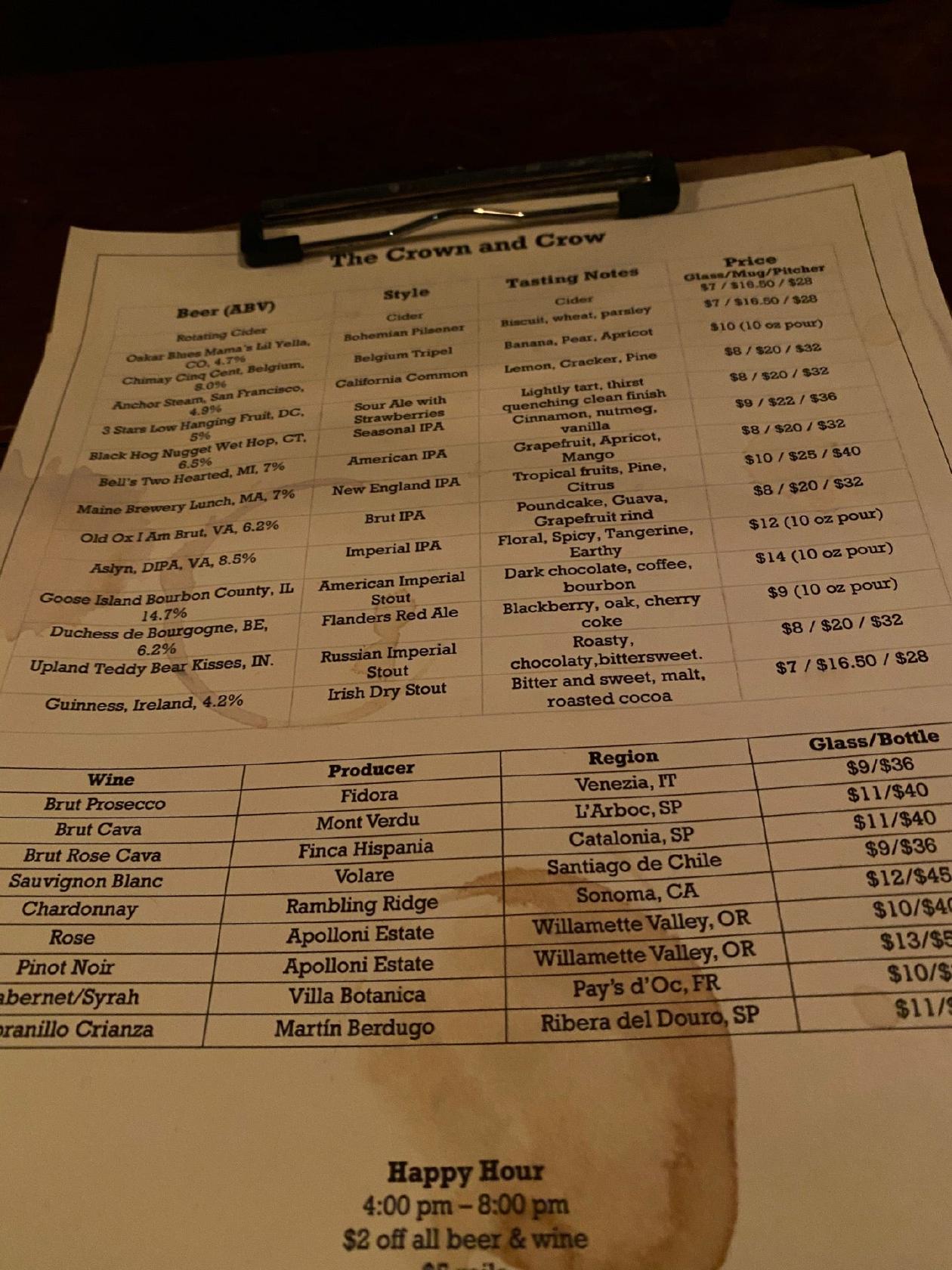 Menu at The Crown & Crow pub & bar, Washington