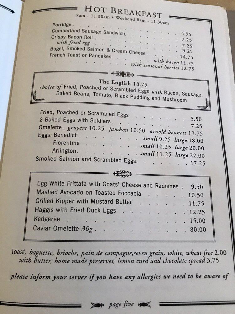 Menu at The Wolseley cafe, London