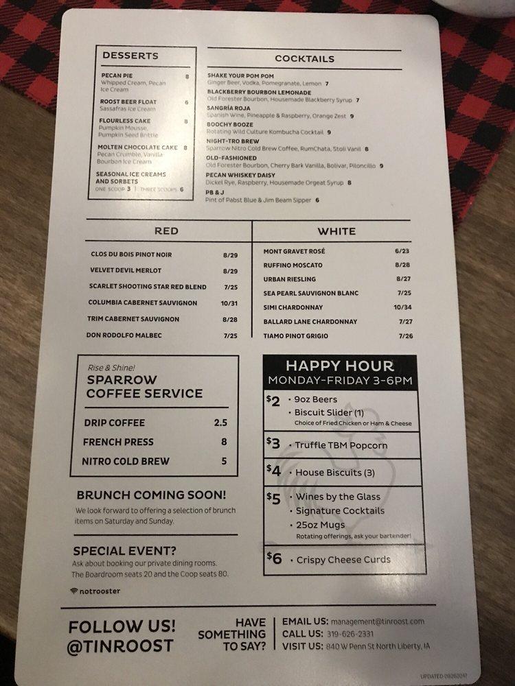 Menu at Tin Roost pub & bar, North Liberty