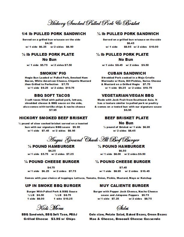 Menu at Up in Smoke BBQ Cafe / Boots & Brew, Monteagle