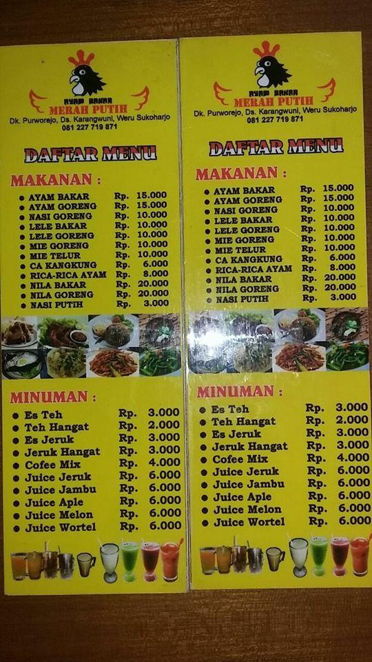 Menu at Ayam Bakar MERAH PUTIH restaurant, Klaten
