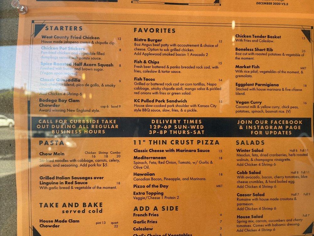 Menu at Bluewater Lounge at Bodega Harbour pub & bar, Bodega Bay
