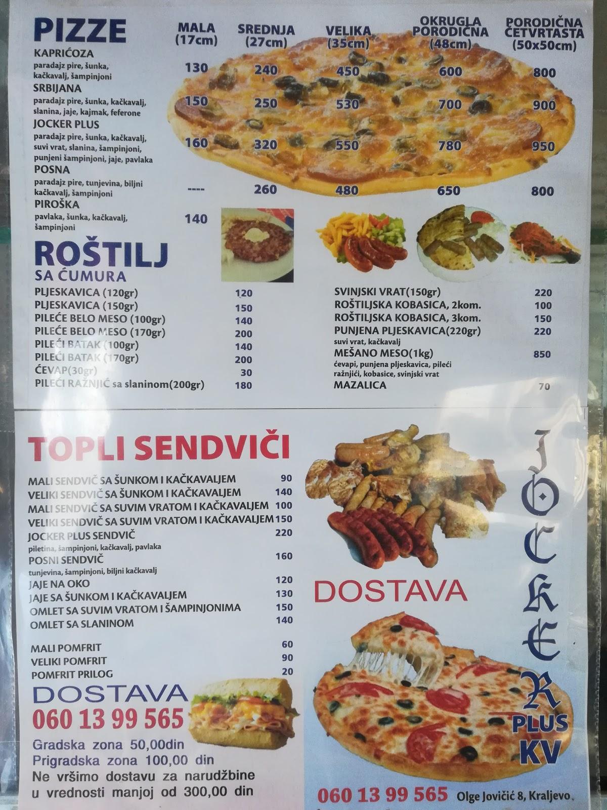 Menu at Joker plus KV pizzeria, Kraljevo